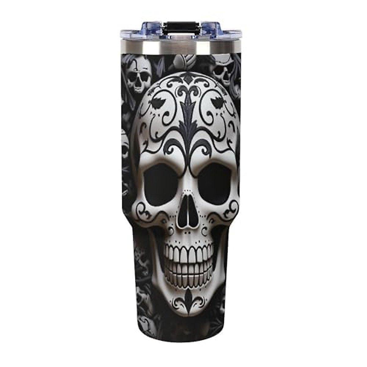 Black And White Skulls Insulated Stainless Steel Travel Mug, 40 Oz Tumbler with Handle And Straw Double-Wall Vacuum Coffee Cup, Leak-Proof Lid, Keeps Drinks Hot/Cold for Hours