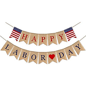 SWYOUN Burlap Happy Labor Day Banner Mantel Fireplace Supplies Bunting Garland Decoration