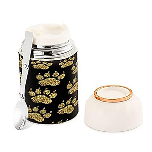 CUPADA Dog Paw Print Food Jar for Hot and Cold, Golden Glitter Insulated Food Jars Vacuum 17OZ with Folding Spoon for Work Trip Picnic Camping