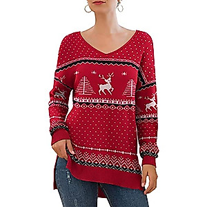 GRECERELLE Women's Fall and Winter Long Sleeve Side Split Loose Casual Pullover Christmas Sweater Tunic Tops FP Xmas Elk Red-Large