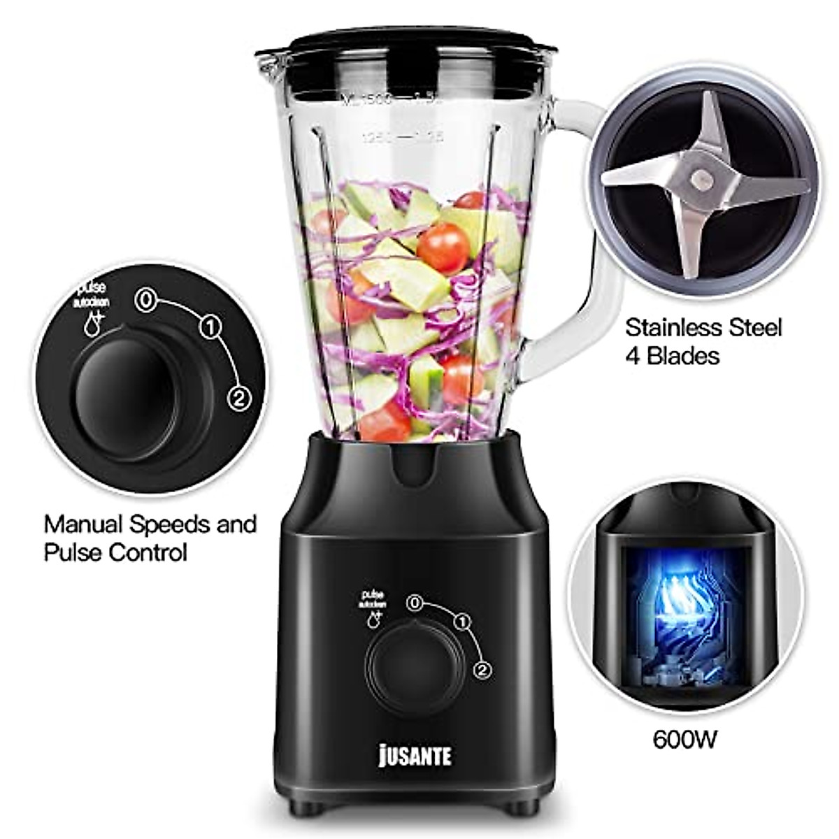 Blender for Kitchen 600W Blender for Shakes and Smoothies 52 oz Kitchen Countertop Blender with Glass Jar High Speed Ice Crusher Blender Black Smoothie Blender for Shakes Frozen Drinks