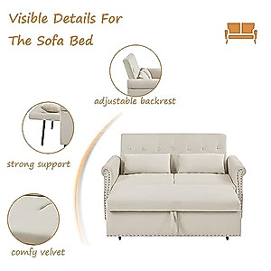 Meesifeel 55" Queen Sleeper Sofa, 3 in 1 Convertible Sofa Bed, Comfy Velvet Loveseat, Adjustable Backrest Futon Sofa Bed, Pull Out Couch, Lounge Sofa Chair Bed, Beige Sofas for Living Room Bedroom