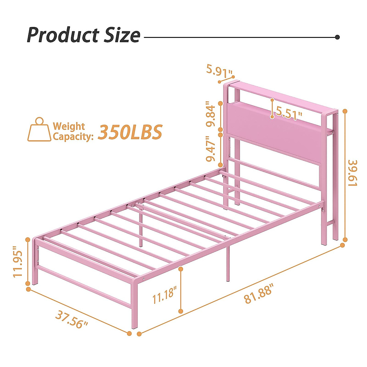 Weehom Twin Bed Frames for Kids with 2 Tiers Wood Storage Shelves Headboard, Twin Size Bed No Box Spring Needed Under Bed Storage Space Metal Platform for Girls and Adults, Pink