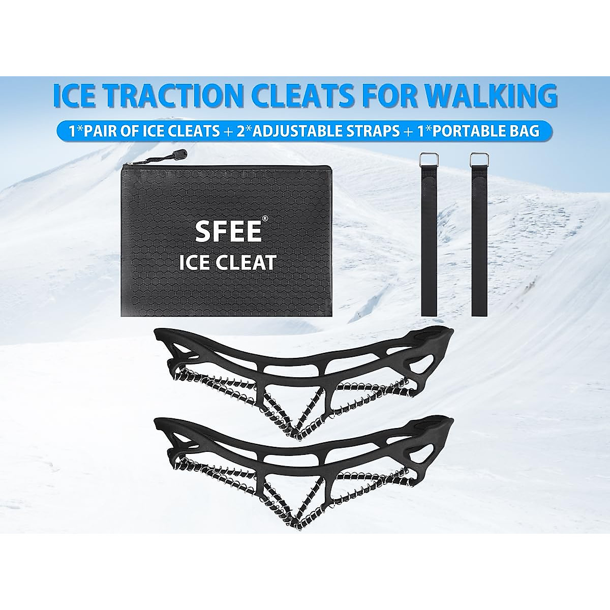 Sfee Ice Cleats Ice Grippers for Shoes and Boots, Crampons Traction Cleats for Walking on Snow and Ice Anti-Slip Flexible Footwear Snow Grips for Walking Climbing Hiking Jogging with 2 Straps