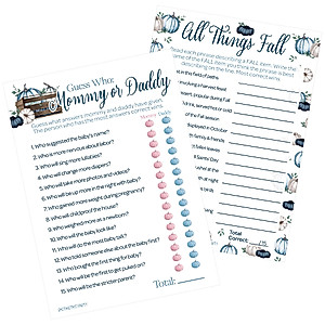 Blue Little Pumpkin Boy Baby Shower Party Games - Guess Who Mommy or Daddy and All Things Fall Matching Game (2 Game Bundle) - 20 Cards, Fall Baby Shower
