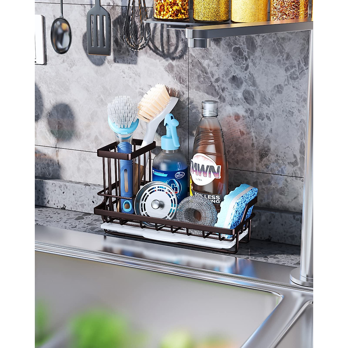 Consumest Sink Caddy Kitchen Sink Organizer, Sponge Holder for Kitchen Sink with Removable Drip Tray for Countertop Dish Soap Holder Dispenser Brush Holder, 304 Stainless Steel - Bronze