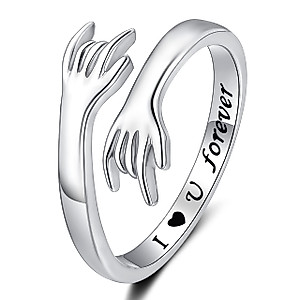 ZOEXUE Hug Rings for Women Sterling Silver: I Love You Hand Sign Language Adjustable Open Hugging Ring Hands Jewelry Finger Rings Birthday Gifts for Mom Daughter Granddaughter