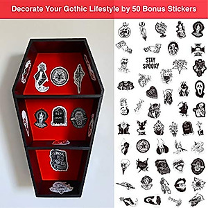 Gothic Life Coffin Shelf - Spooky Wooden Goth Decor for Home, Black Hanging Wooden Shelf for Wall or Table Top, Witchy Room Decor for Oddities and Curiosities, 50 Gothic Skull Witch Stickers Included
