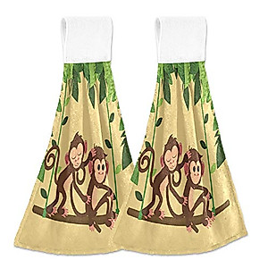 Alaza 2 Pcs Kitchen Towel, Jungle Monkeys Playing Swing Absorbent Towel Hanging Towel Hand Towel