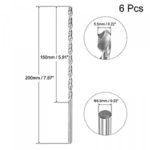 uxcell HSS(High Speed Steel) Extra Long Twist Drill Bits, 5.5mm Drill Diameter 200mm Length 6 Pcs