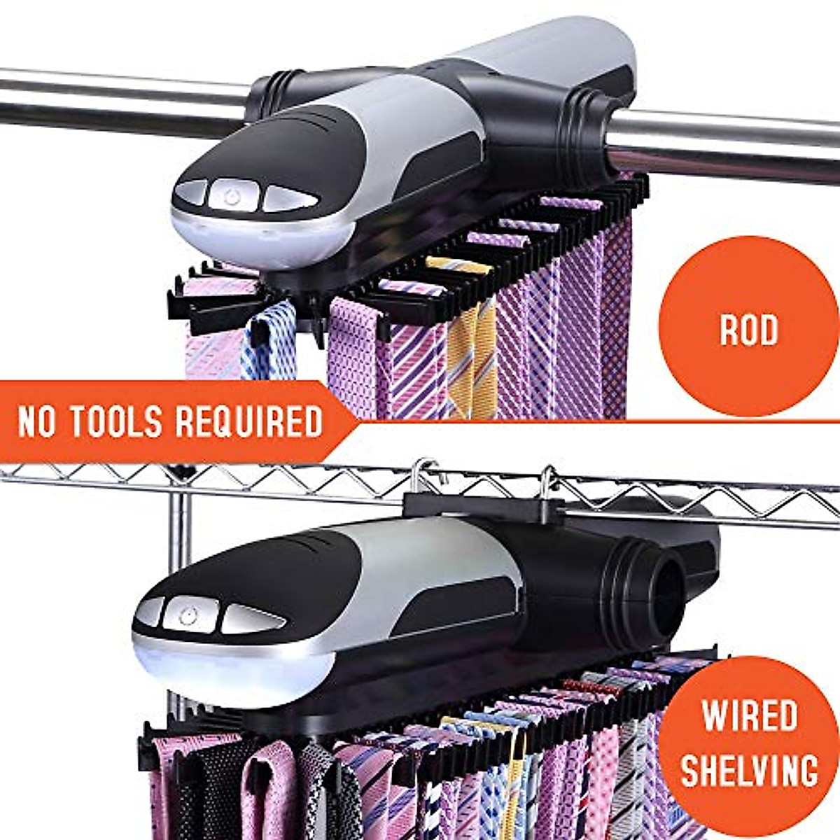 Primode Motorized Tie Rack Closet Organizer with LED Lights, Bonus Stainless Steel Tie Clip Set, Includes J Hooks for Wired Shelving Stores Up To 72 Ties with 8 Belts, Rotation Operates With Batteries