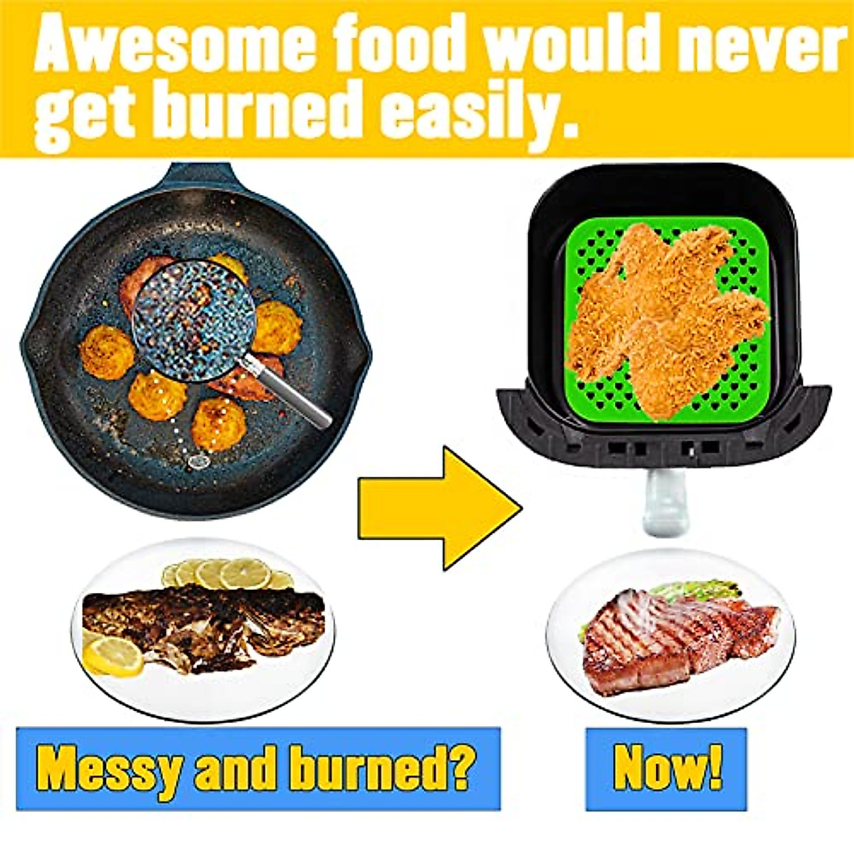 Reusable Air Fryer Silicone Liners - 3 Pack 8.5 Inch Square Non-Stick Air Fryer Mat for Frying, Steaming, Oven, Perforated Air Fryer Baking Pad for CHEFMAN, COSORI, NUWAVE and More