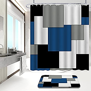 ENYORSEL Blue Bathroom Sets with Shower Curtain and Rugs, 4 Piece Geometric Bathroom Shower Curtain Set with Rugs, Incl Shower Curtain with 12 Hooks, Bath Mat, U-Shaped Floor Mat, Toilet Lid Oval Rug