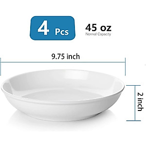 Samsle 45 Oz Large Pasta Bowls,Serving Bowls and Plates Set, Soup Bowl,Ceramic Salad Bowls - 9.75 Inch owl Set of 4, Wide and Shallow Bowls Set, Microwave and Dishwasher Safe, White