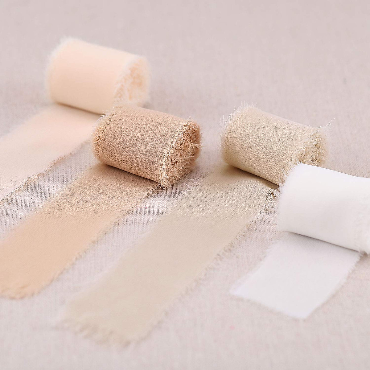 DreamBuilt Handmade Fringe Chiffon Silk-Like Ribbon 1.5" x 3Yd Sand Color Shade Ribbons Sample Swatch Chart for Wedding Invitations, Bouquets, Gift Wrapping(Nude/Cream/Sand/Ivory)