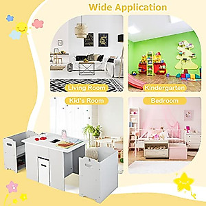 Costzon Kids Table and Chair Set, 4-in-1 Activity Table and 2 Chairs Set for Drawing, Reading, Multi-Purpose Kid’s Desk w/Lid, Removable Under Table Storage Bin, Stackable Chairs Cabinet (Grey)