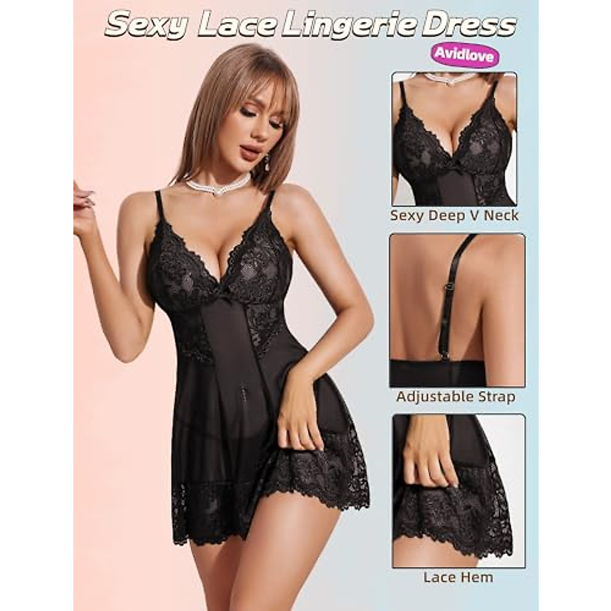 Avidlove Sexy Lingerie for Women Kinky Babydoll Lingerie Lace Chemise Mesh Sleepwear(Black,XX-Large)