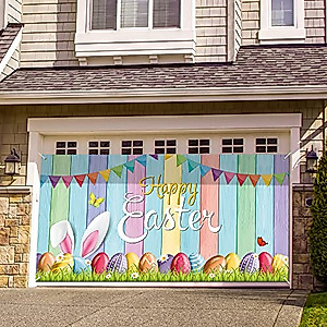 Easter Garage Door Decoration Happy Easter Garage Door Banner Large Easter Bunny Egg Spring Flower Cover Background Decal for Outdoor Indoor Hanging Party Supplies 6 x 13 ft