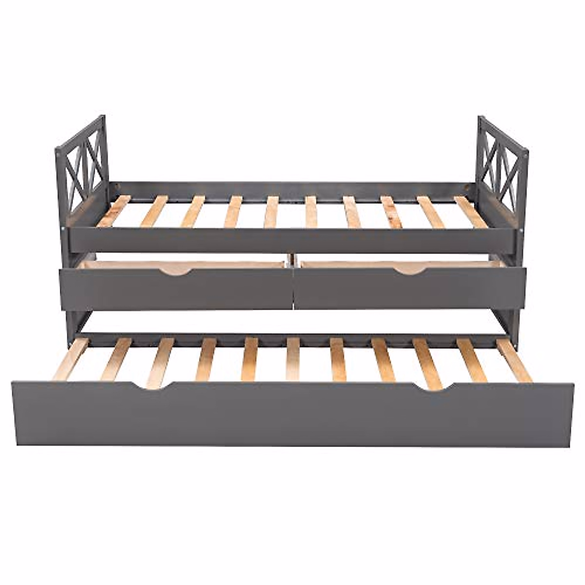 GLORHOME Twin Platform Bed,Multifunctional Wood Storage DayBed Sofa Bed Frame with Trundle and Two Drawers for Living Room Bedroom, Grey