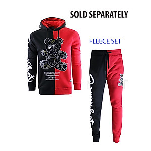 SCREENSHOT-H1113 Mens Urban Hip Hop Premium Fleece Hoodie - Shiny Black Bear Animation Cartoon Half Color Block Hooded Sweatshirt-Black/Red-3XLarge