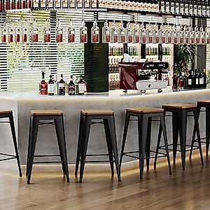Alunaune 24" Metal Bar Stools Set of 4 Stackable Counter Height Barstools Backless Industrial Kitchen Bar Chairs with Wooden Seat-Matte Black