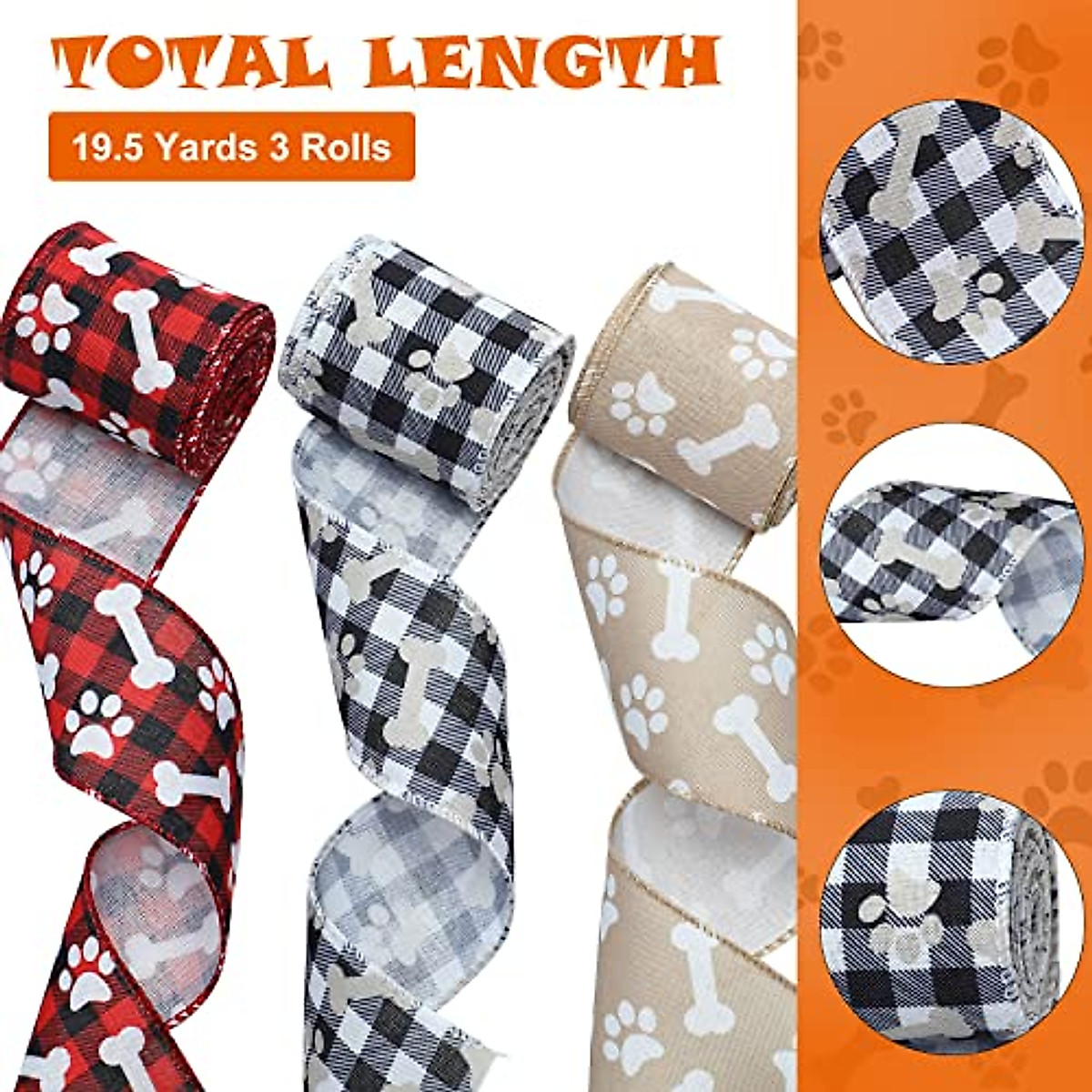 3 Rolls 19.5 Yards Paw Print Ribbon Dog Bone Ribbon Dog Paw Wrapping Ribbon Paw Print Wired Edge Ribbon Decorative Wrapping Ribbons for DIY Wrapping Craft（Beige, Red Black Plaid, White Black Plaid）