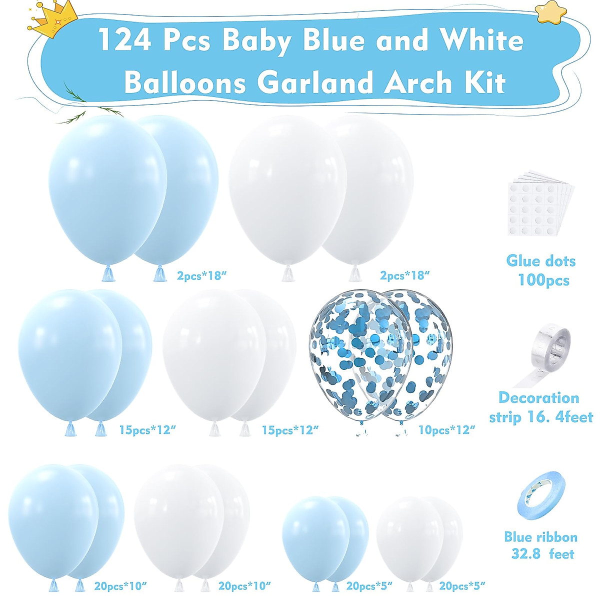 Blue and White Balloons Garland Arch Kit, 124 Pcs 18/12/10/5 Inch Light Blue balloons Matte White Latex Balloons, Pastel Baby Blue Balloons with Blue Confetti Balloons for Birthday Party Decoration