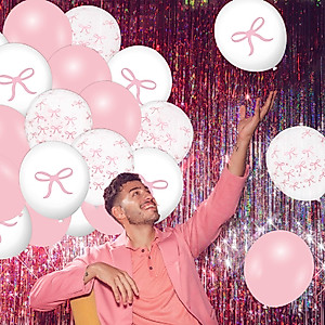 JarThenaAMCS 60Pcs Party Decoration Pink Bow Latex Balloon 12 in Pink White Bowknot Party Balloon Cute Bowtie Clear Printed Balloon for Birthday Bachelorette Bridal Party Decor