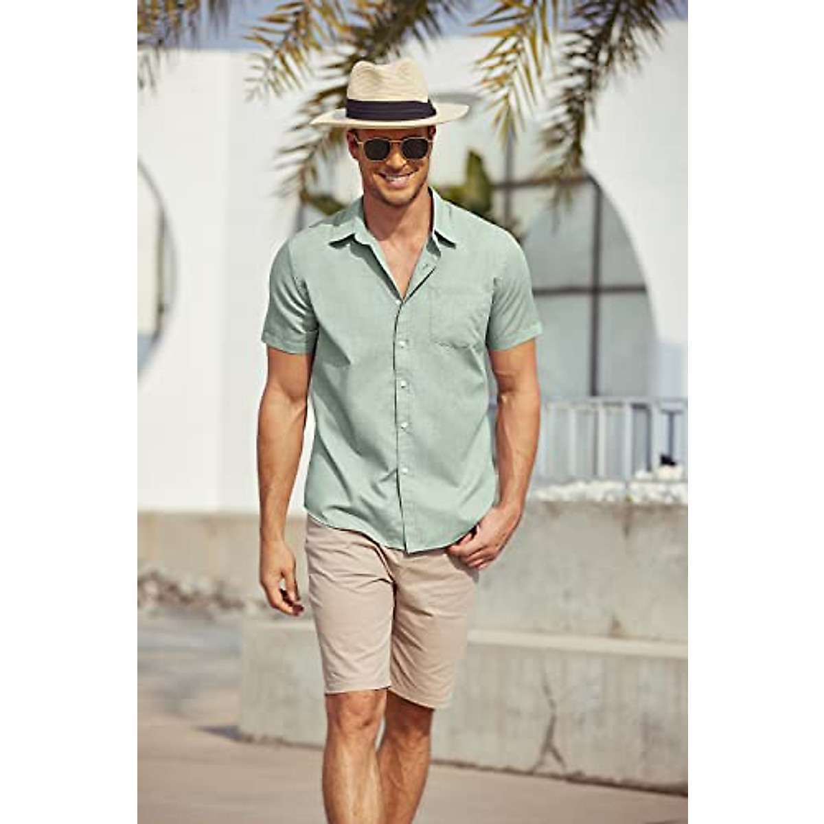 JINIDU Men Linen Shirts Short Sleeve Button Down Shirt Athletic Fit Dress Shirts Light Green