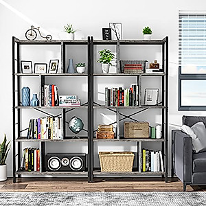 armocity Bookshelf, 5 Tier Tall Modern Bookcase Wood Metal Frame Standing Book Shelf, Display Bookshelves Storage Organizer for Bedroom Living Room Home Office, Grey