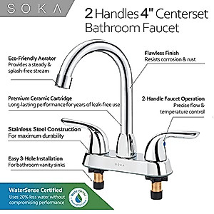 SOKA Two Handles Centerset Bathroom Faucet For Sink High Arc Stainless Steel With Deck Plate & Pop-Up Drain Assembly Fit 3 Hole Installation, Chrome (SK18001C)