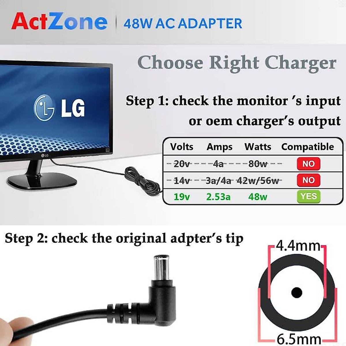 DC 19V Power Cord TV Charger for LG Electronics 19" 20" 22" 23" 24" 27" LED LCD Monitor Widescreen HDTV 24M47H-P 24MP55HQ, Samsung 32" J5205 J5003 H5000 UN32J4000 UN32J4000AF UN32J5205 A4819-FDY