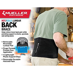 MUELLER Sports Medicine 4-in-1 Lumbar Back Brace with Removable Hot/Cold Pack, for Men and Women, Black, One Size