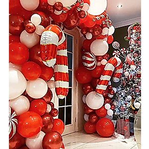 Christmas Balloon Garland Arch Kit – 160 Pack White Red Latex Balloons with Christmas Round Candy Cane Stars Foil Helium Balloon for XMAS Evening Decoration Supplies