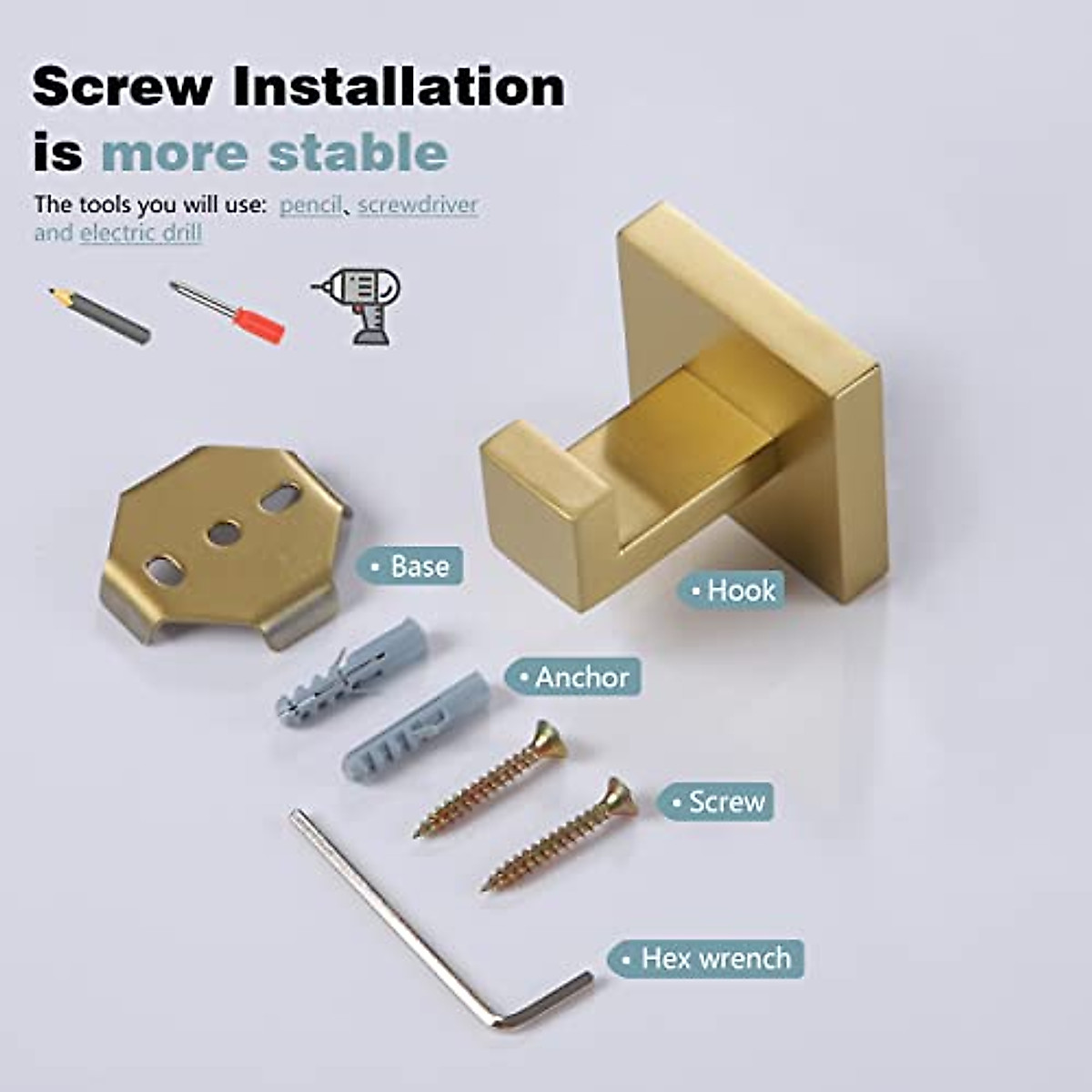 KOKOSIRI Bath Towel Hook Wall Mount Square Robe Hook Coat Hook, Bathroom Kitchen Garage Heavy Duty Wall Mounted, SUS 304 Stainless Steel, Brushed Gold, B1010BG-P2