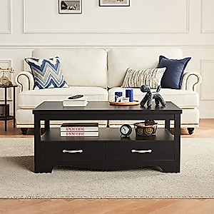 LINSY HOME Farmhouse Coffee Table with Storage, Wood Coffee Table for Living Room, Open Display Area and Storage Drawers with Metal Handles, Chic Style with Curved Base, Black