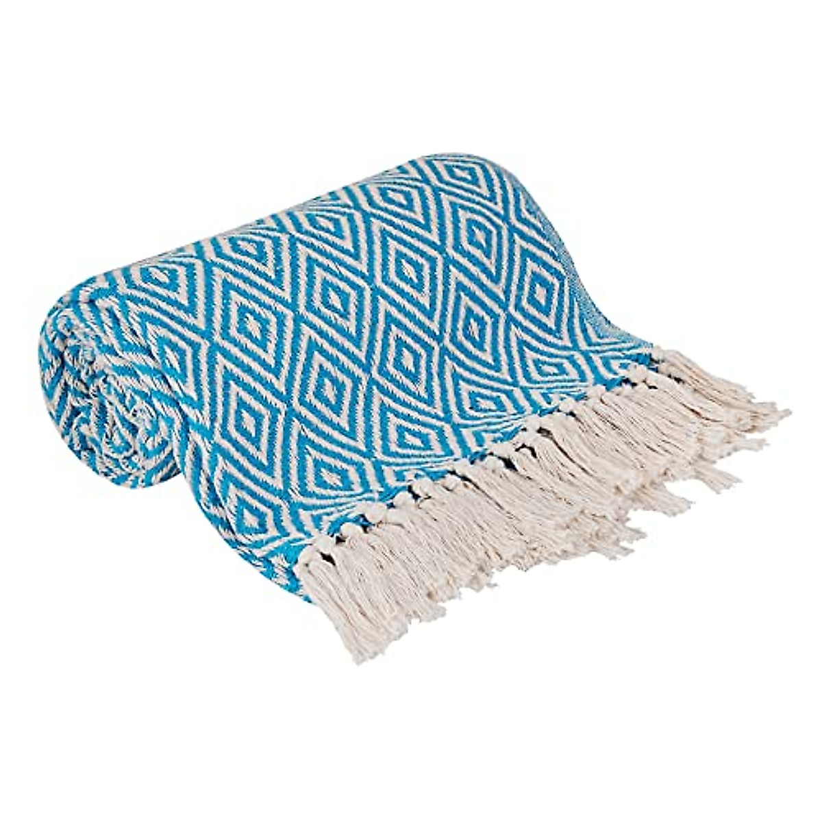100% Cotton Throw Blanket 50x60 - Turquoise Throw Blanket with Fringe - Soft Lightweight Bed Throw for Couch, Chair - Cozy Farmhouse Throw Blanket - Decorative Throw Blanket - Home Living Room Decor