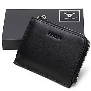HISCOW Metal Zipper Slim Sector Wallet with 2 Card Slots - Italian Calfskin (Black)