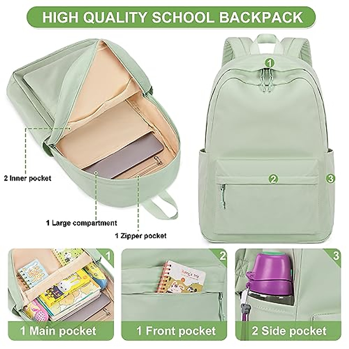 School Backpack for Teen Girls Bookbags Elementary High School Corduroy Laptop Bags Women Travel Daypacks (Solid Green)