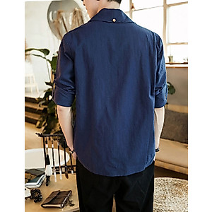 Mingzhu Mens Cotton Linen Blazer Jacket Roll Up Long Sleeve Notched Lapel Sport Coat(0733-NavyBlue-XL)