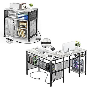Unikito L Shaped Desk with USB Charging Port and Power Outlet and Office Lateral File Cabinet White Oak