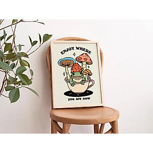 Retro Poster Wall Art Print Retro Frog Posters,Retro Positive Quote, Positive Self Care Mushroom Illustration,Wall Art Canvas for Living Room Bedroom Kids Room Decorate Room Home Decor,Gift.Set of 4(Unframed,8”X10”inches).