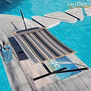 Lazy Daze Hammocks 12 FT Quilted Fabric Hammock with Spreader Bar, 2-Person Double Hammock with Chains and Pillow, Outdoor Hammock for Outside Patio Poolside Backyard Beach, 450 lbs Capacity, Froest