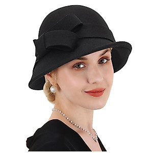 Womens Winter-Cloche-Hat 1920s Classic-Church-Dress Wool-Felt-Bucket-Hats with Flowers(M-L)
