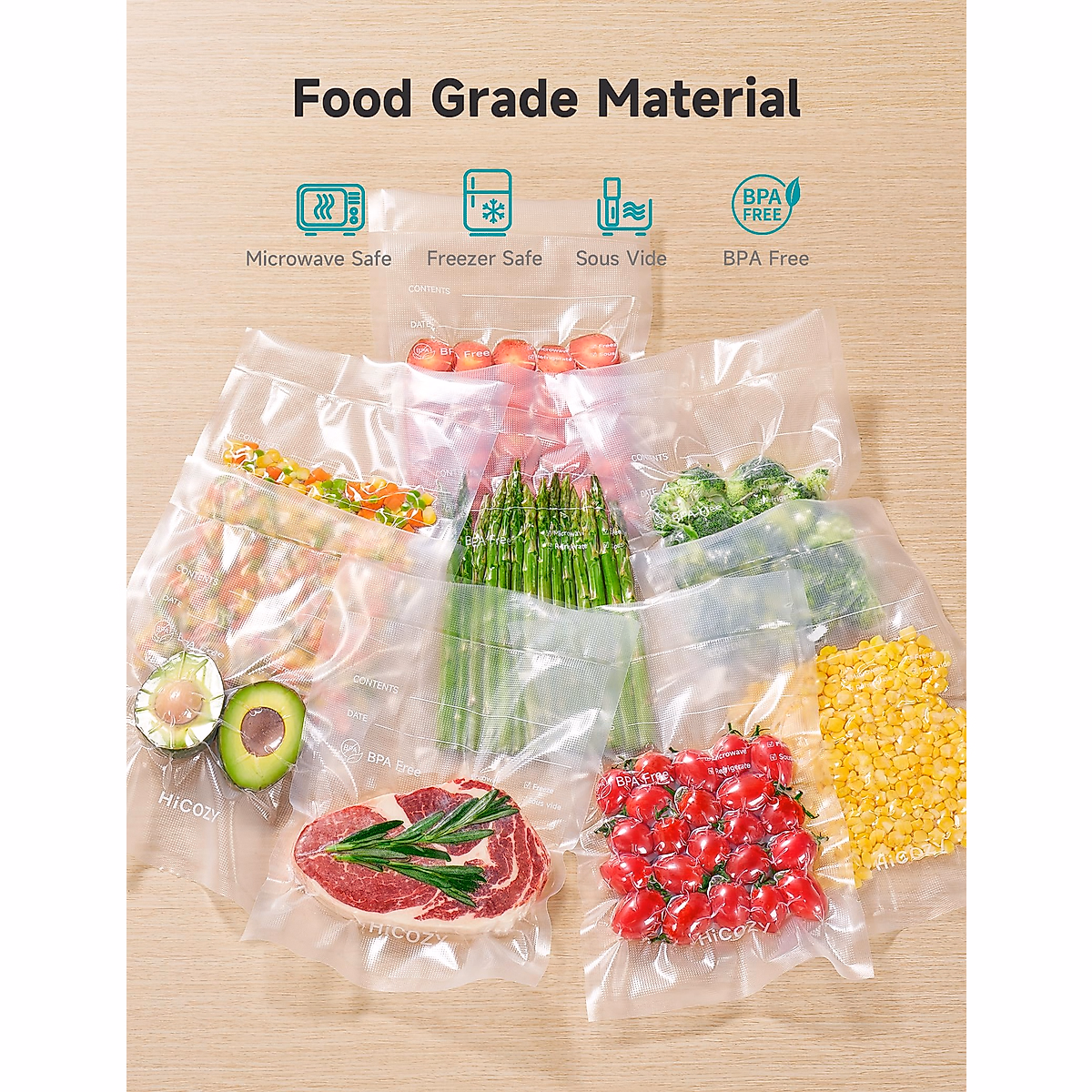 HiCOZY Vacuum Sealer Bags 100 Count 8”x12” for Food Storage, Pre-Cut BPA Free Bag for Meal Prep or Sous Vide Cooking, Safe to Microwave, Dishwasher, Boil, or Freeze