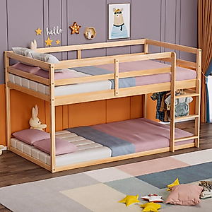 TOLEAD Low Bunk Bed Twin Over Twin, Floor Bunk Bed with Ladder, Twin Bunk Bed with Full Guardrails, Wooden Bunk Bed for Juniors, Boys, Girls, Kids, Bedrooms (Natural)