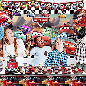 Cars Birthday Party Supplies, Lightning McQueen Birthday Party Supplies Decorations Include Banner, Foil Balloons, Tablecloth, Plates, Backdrop and Forks for Kids