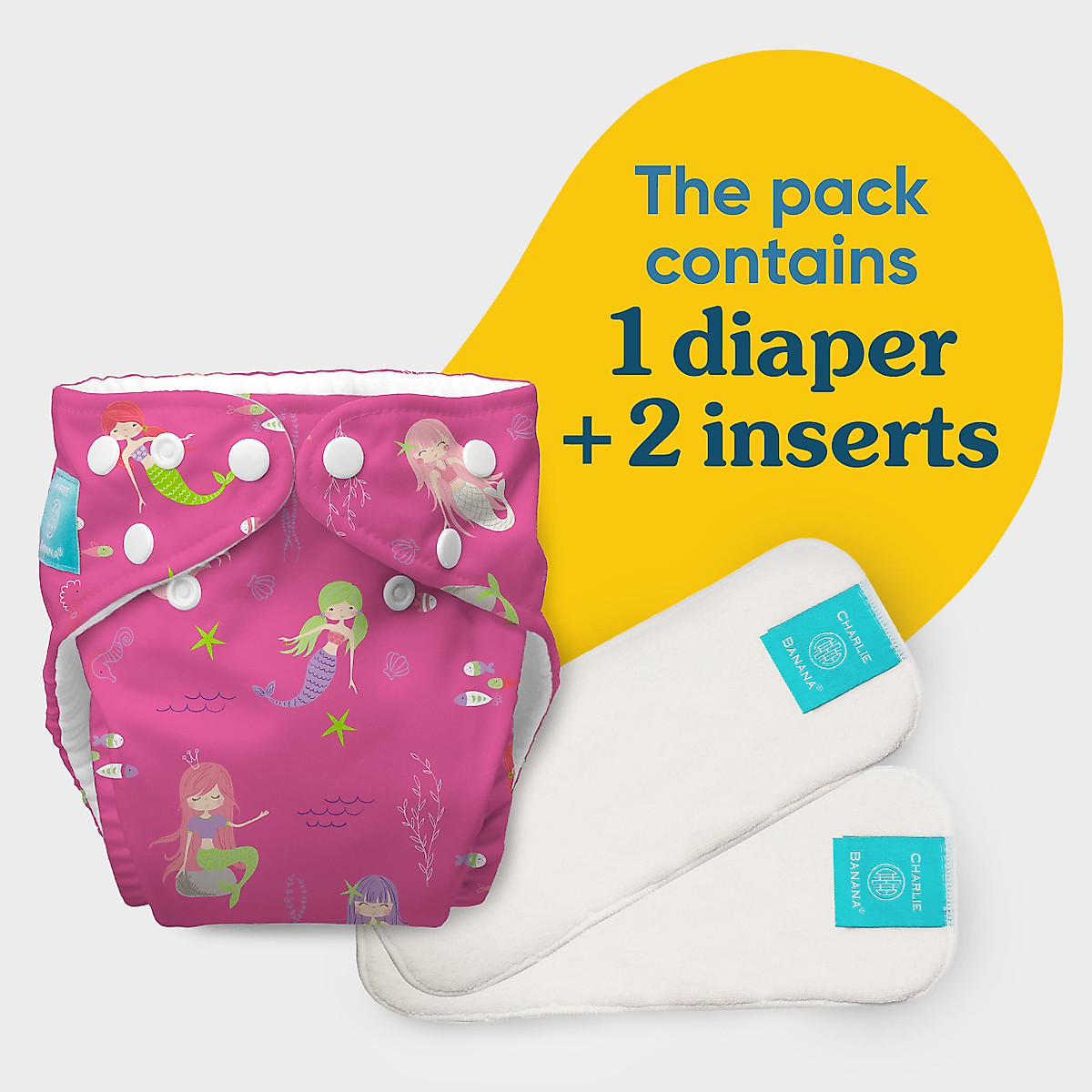 Fleece Reusable and Washable Cloth Diaper System, 1 Diaper and 2 Inserts, Mermaid Zoe, One Size