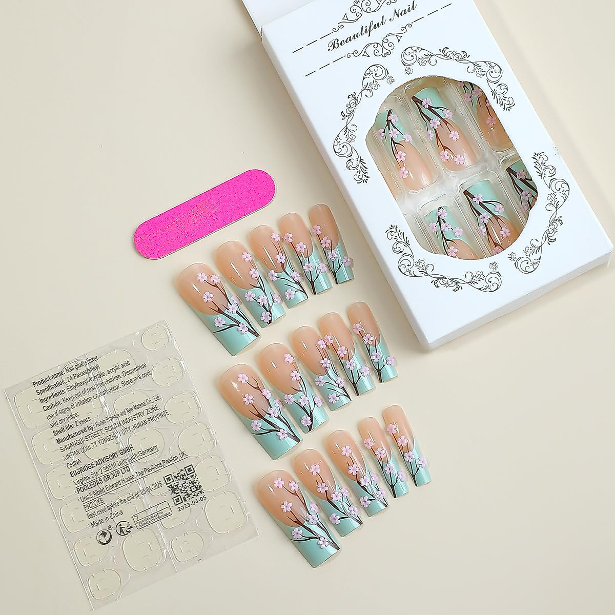 French Tip Press on Nails Coffin Green Fake Nails with Cherry Blossom or Arizona Tea Peach Blossom and Tree Branch Decoration Designs 3D Flower Gems Glossy Square Long Acrylic Nails Press on for Women