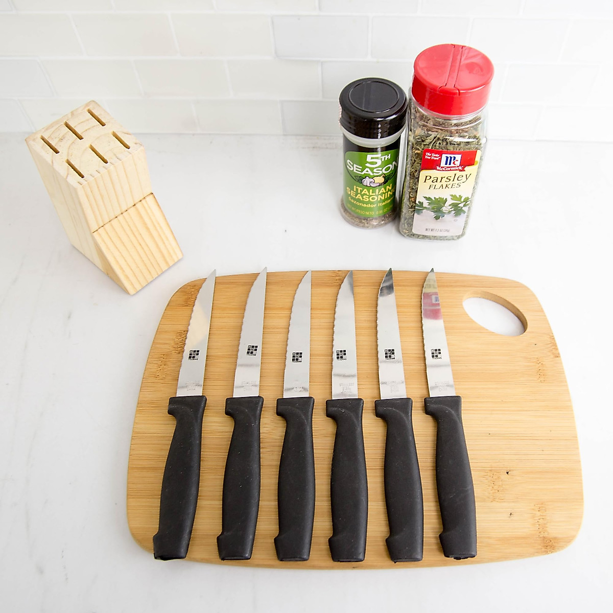 Home Basics 6 Piece Stainless Steel Knife Set with Wooden Block, Non Slip Handles, Black